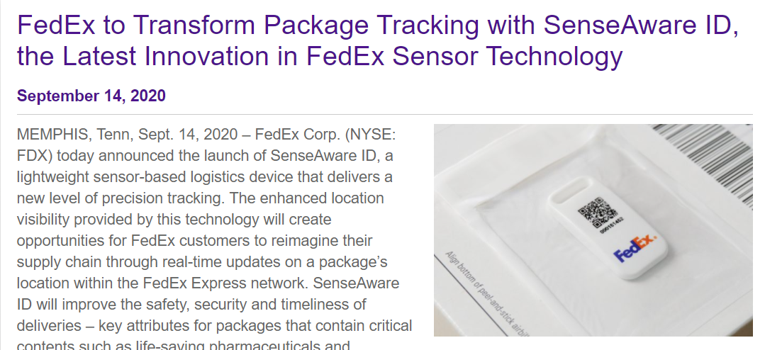 米FedEx、貨物のトラッキングを可能とするSenseAwareIDをリリース - World Logistic Blog